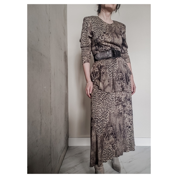 Vintage | Dresses | Vintage 9s Animal Snake Print Peplum Maxi Dress S ...